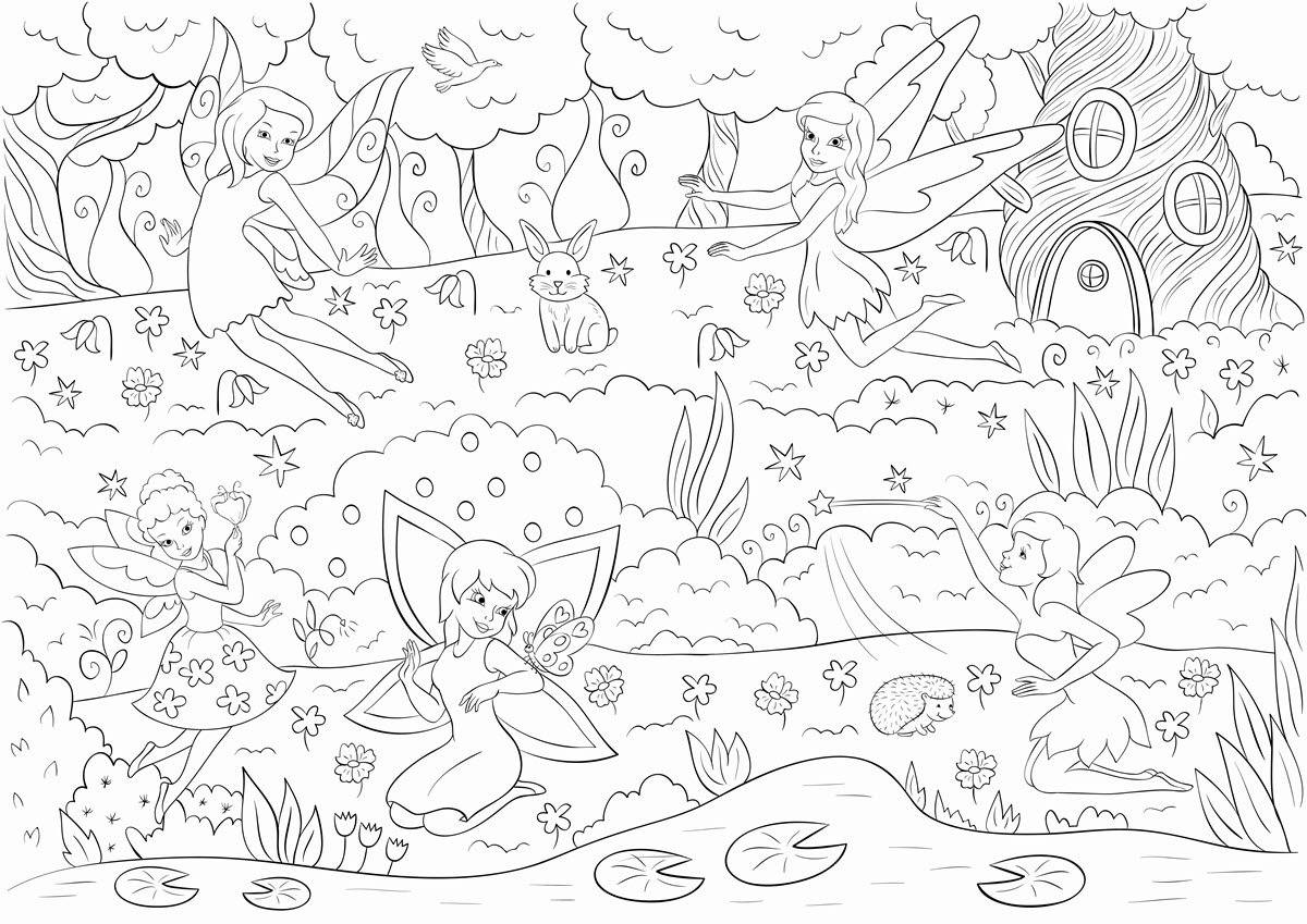 Magical Fairies World Large Printable Coloring Poster for Kids Instant ...