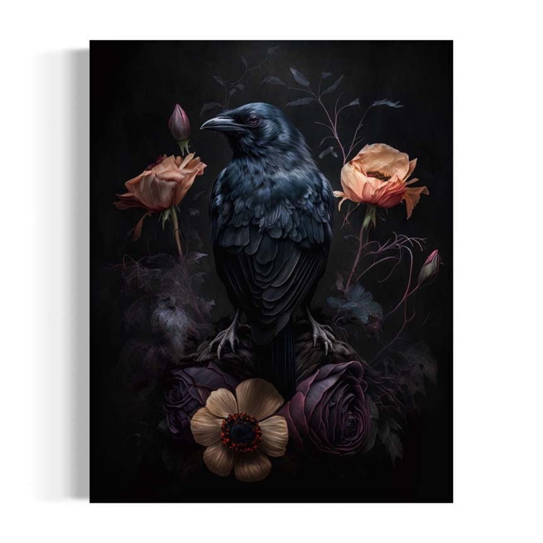 Black Raven and Pink Flowers Wall Art, Gothic Floral Still Life ...