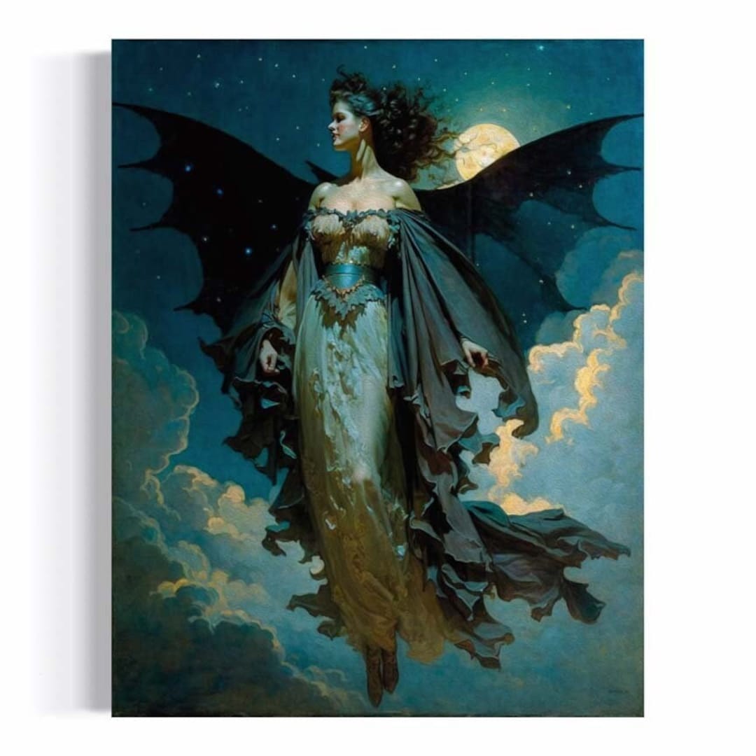 Gothic Bat Woman Oil Painting, Flying Witch With Bat Wings in the Moonlight, Dark Home Decor ...