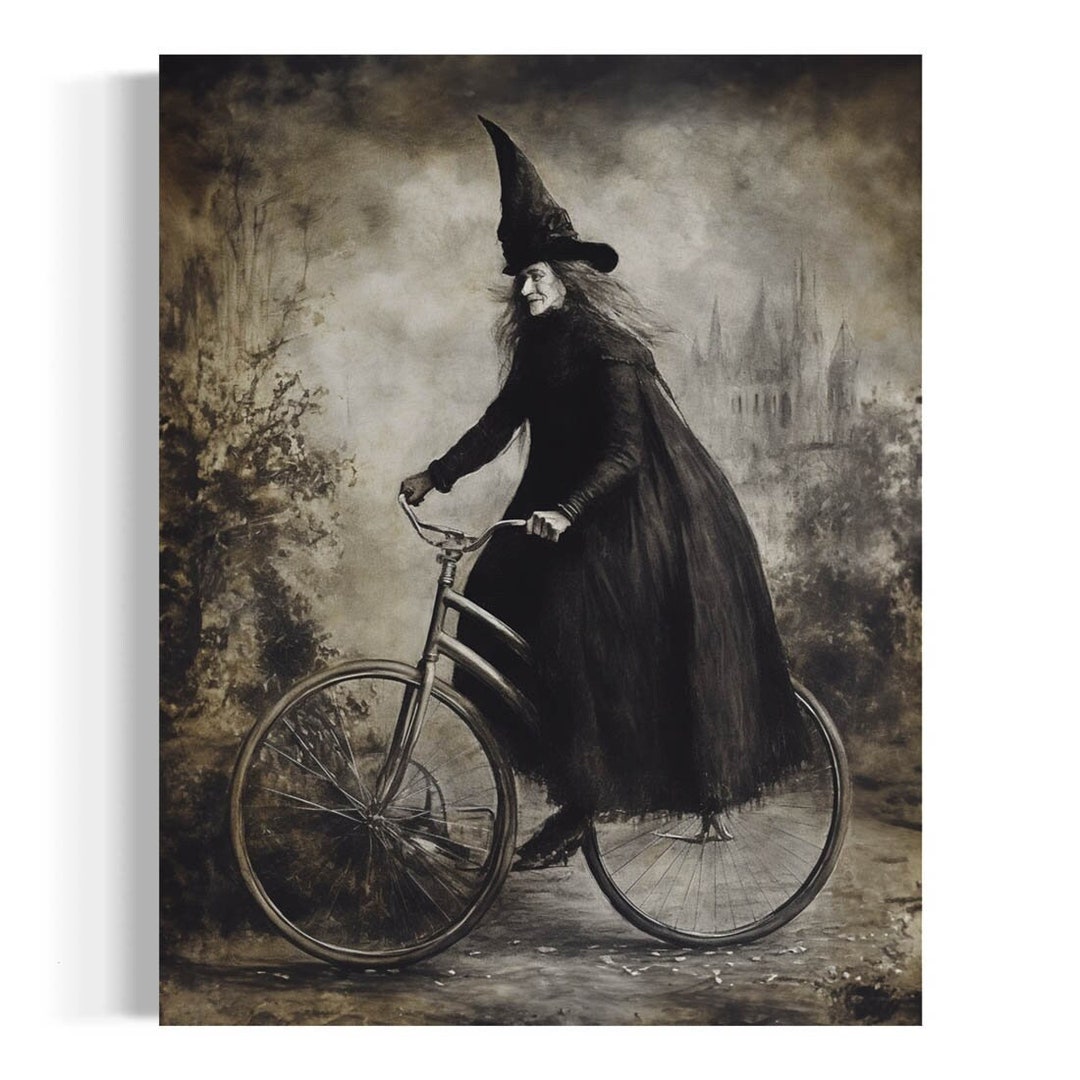 Victorian Witch on a Bicycle, Gothic Horror Illustration of a Woman ...