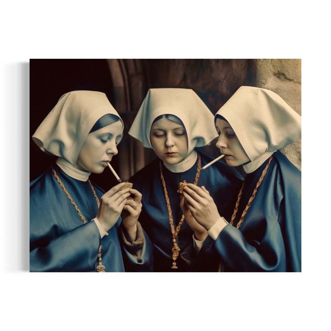 Smoking Nuns Oil Painting Print Naughty Sisters Funny Wall - Etsy