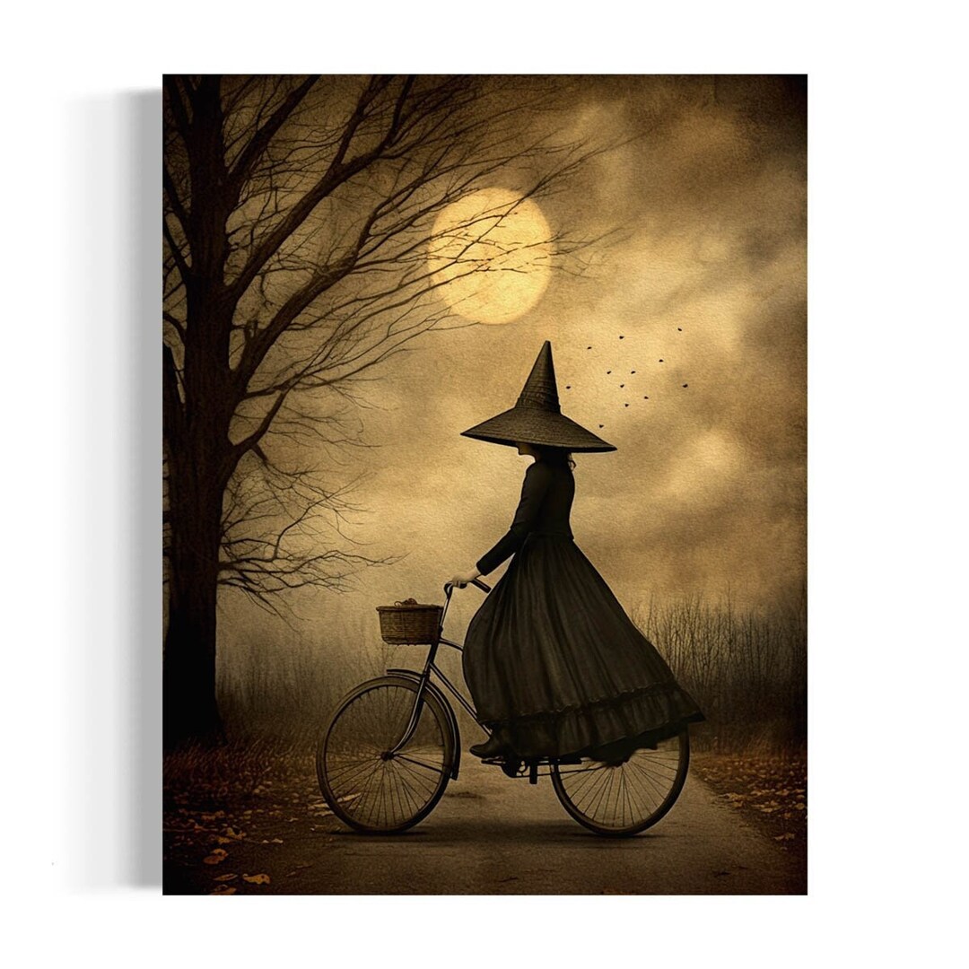 Victorian Witch on a Bicycle, Gothic Illustration Woman Riding in Full ...