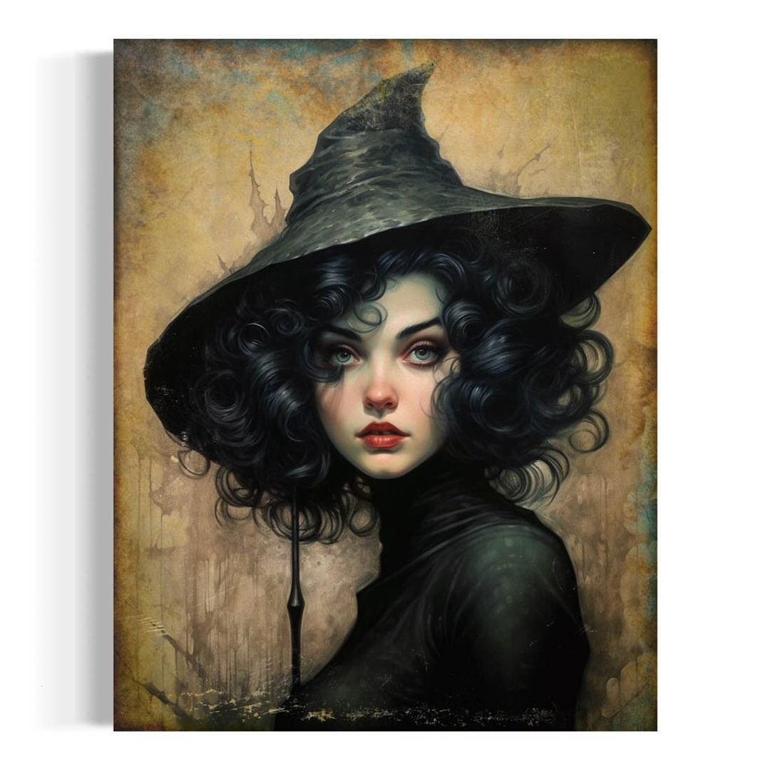 Gothic Oil Painting, Witchy Woman in Black Pointed Hat, Moody ...