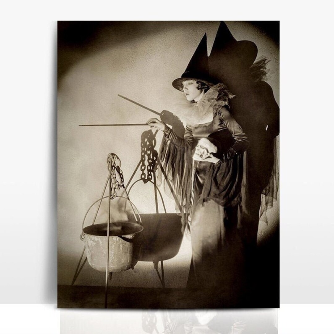 Spellcaster Witch With Wand and Skull Reprint, Vintage Halloween Gothic ...