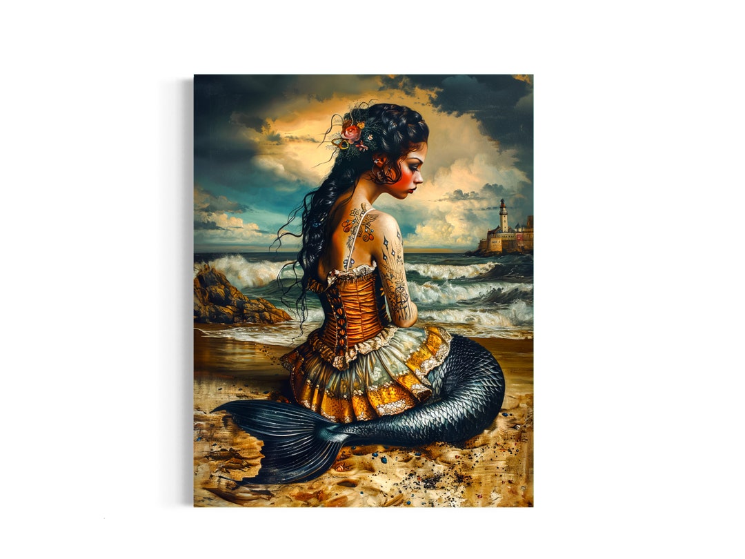 Tattoo Mermaid by the Sea, Siren Oil Painting, Vintage Aesthetic, Retro ...