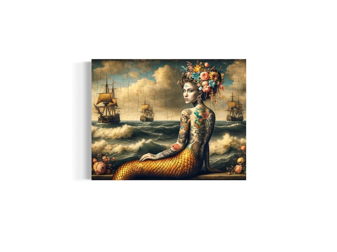 The Tattooed Siren Print, Mermaid Fantasy Antique Oil Painting ...
