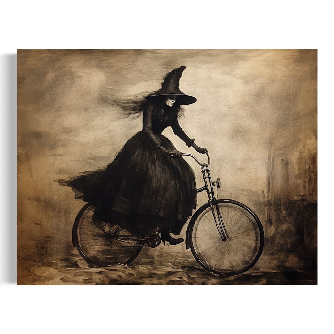 Victorian Witch on a Bicycle, Gothic Horror Illustration of a Woman ...