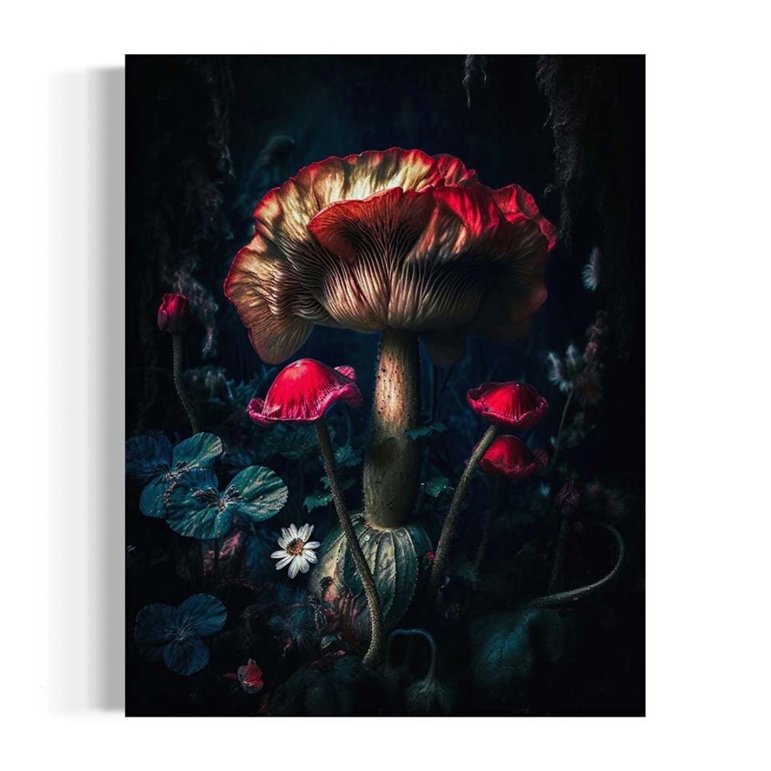 Antique Red Mushroom Decor | Dark Forest Print, Vintage Mushroom Wall ...