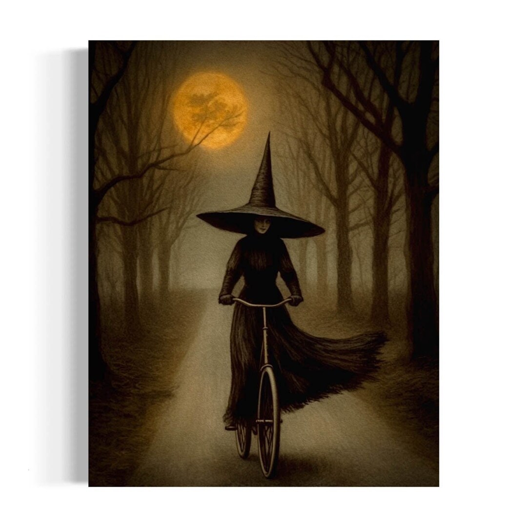 Gothic Illustration Woman Riding in Full Moon, Forest Witch on a ...