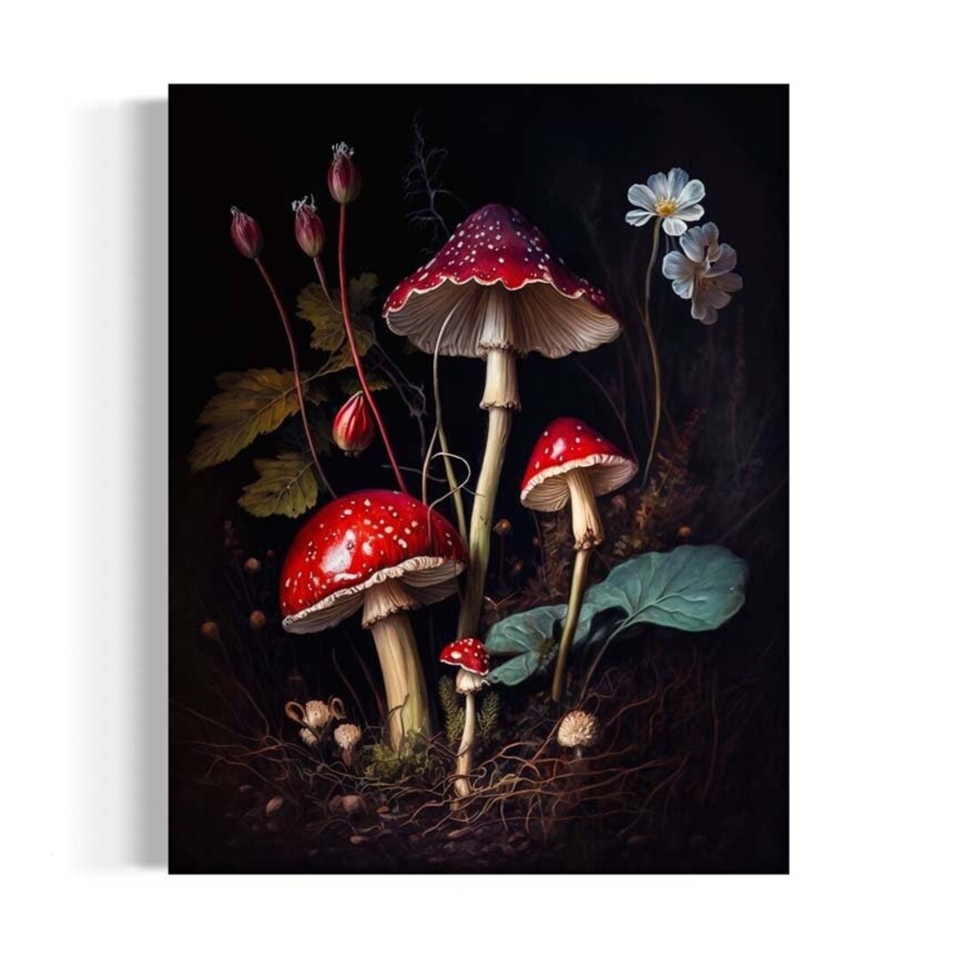 Vintage Mushroom Wall Art, Red Mushroom Decor, Moody Aesthetic ...