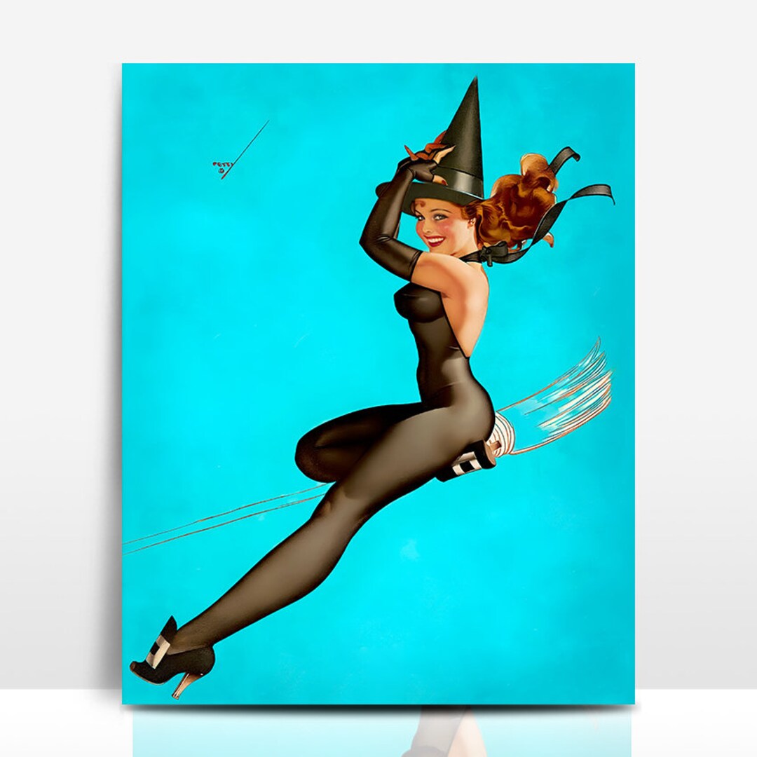 Vintage Sexy Pin-up Witch Riding Broom in A Classic Halloween Print by George Petty Featuring A ...