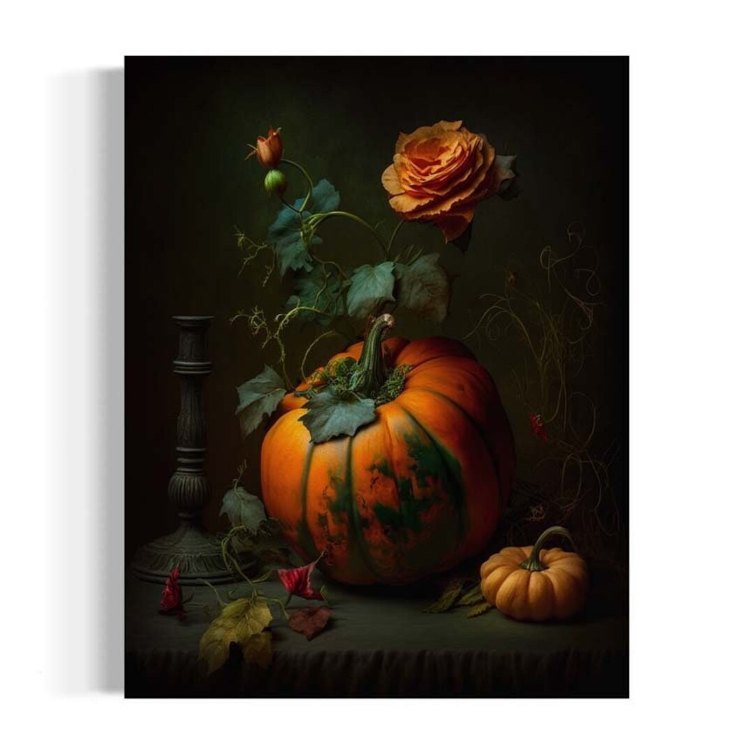Gothic Floral Still Life, Vintage Pumpkin and Flowers Wall Art ...