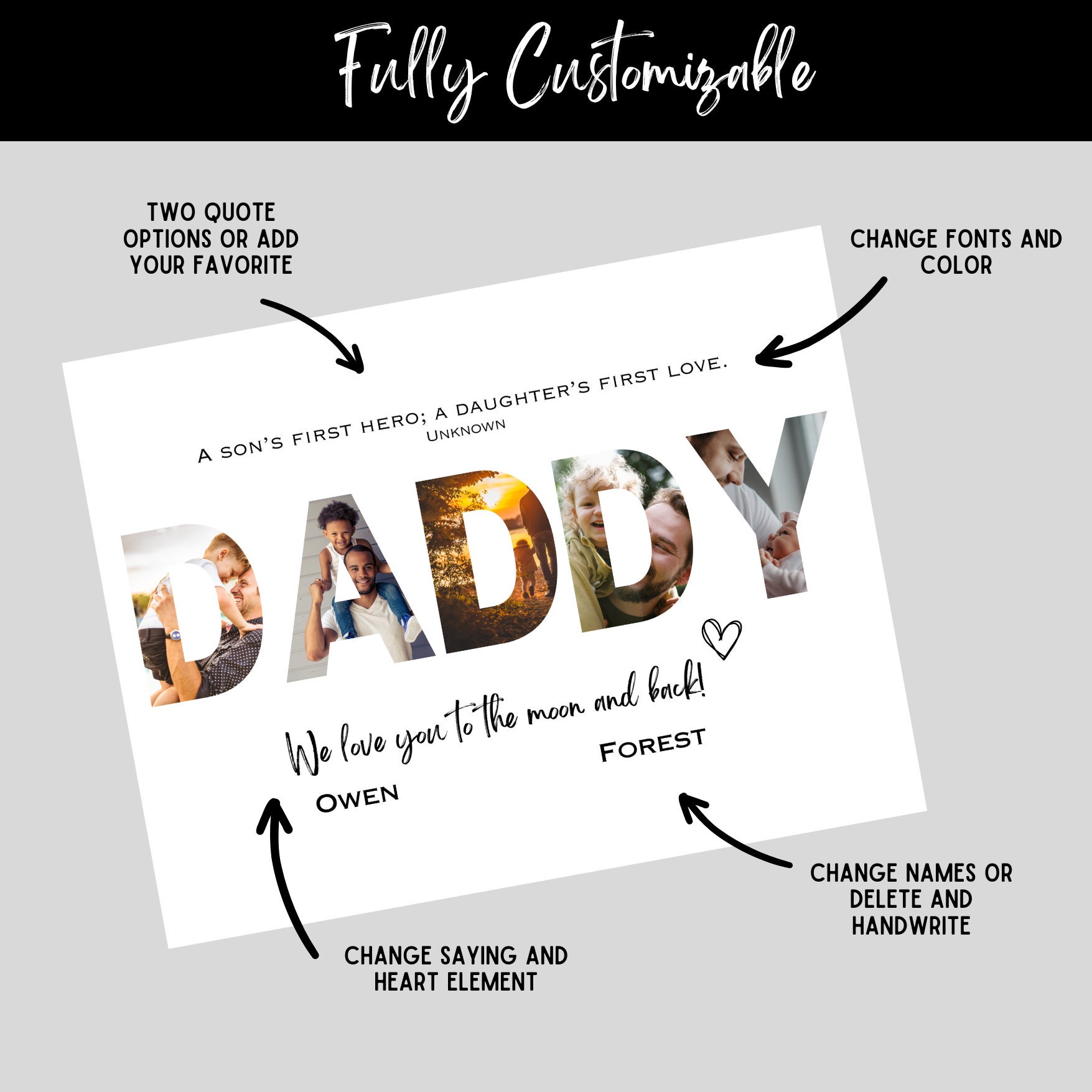 Fully Customizable DADDY Photo Collage Template, Personalized Father's ...