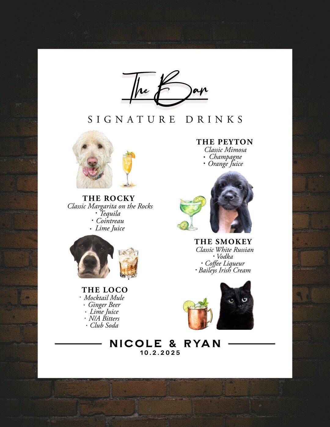 Custom Pet Signature Drink Sign: Painted Dog or Cat Portrait Bar Menu ...
