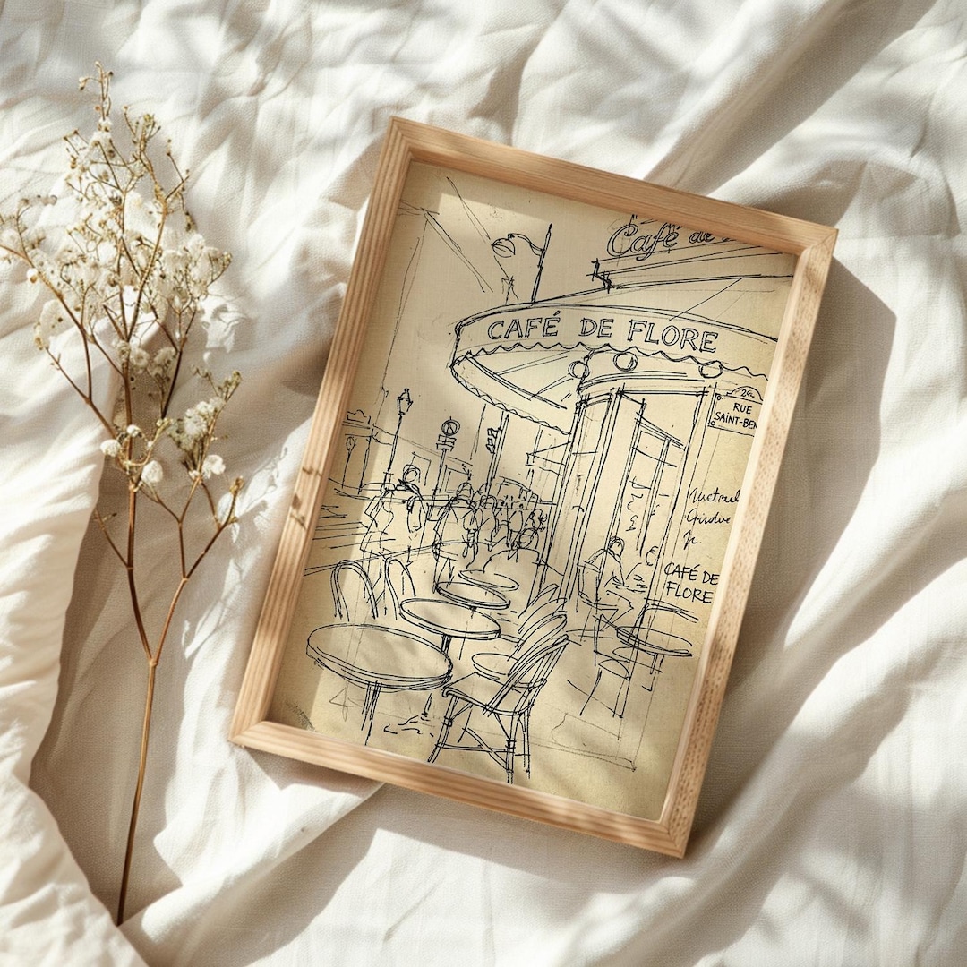Vintage Parisian Cafe Sketch Print, Cityscape Line Drawing, French ...