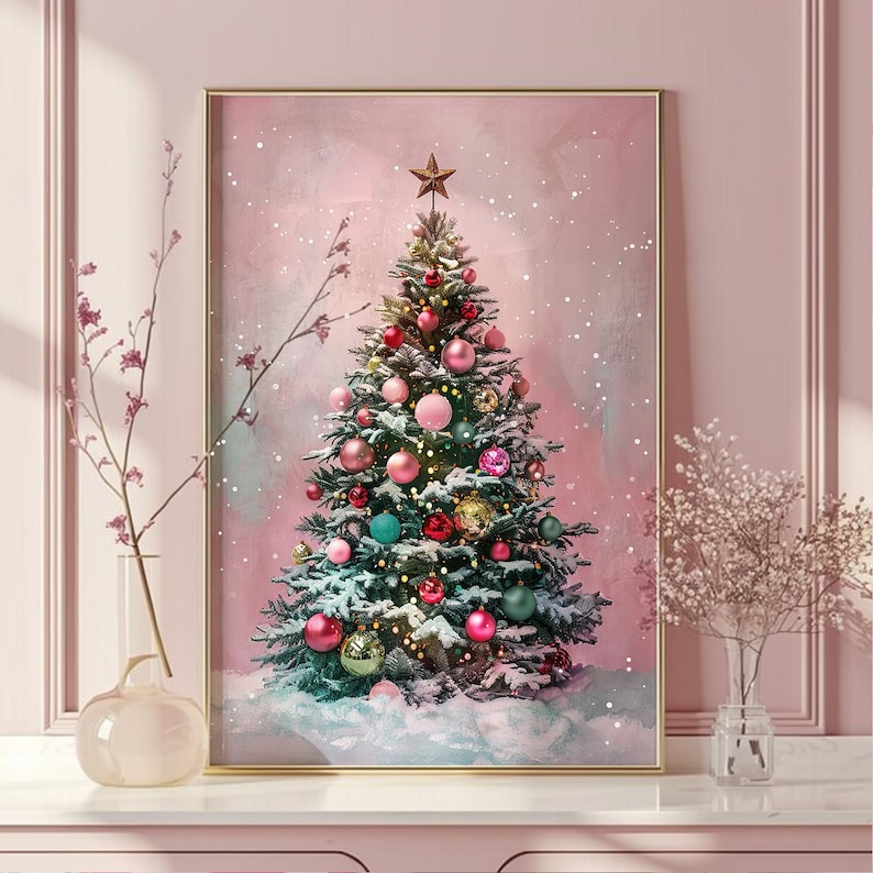 Preppy Pink Christmas Tree Print, Colorful Art Merry X-mas, Festival ...