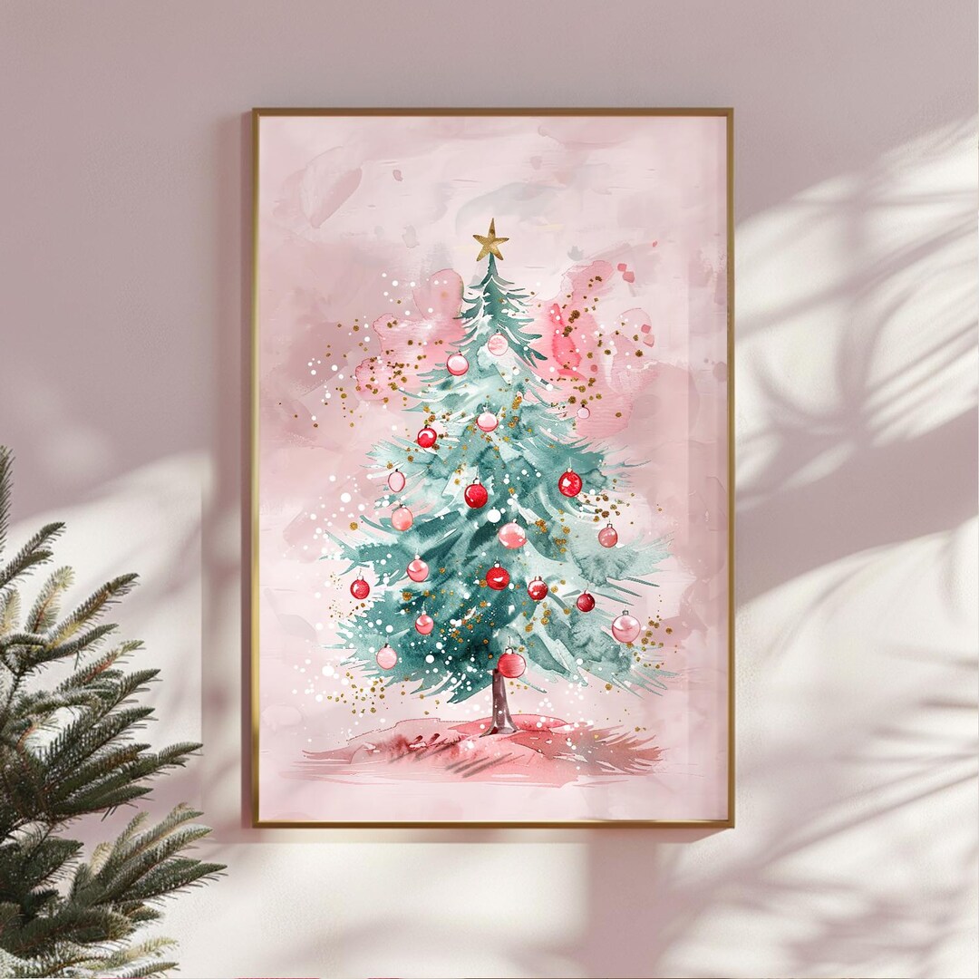 Preppy Pink Christmas Tree Print, Colorful Art Merry X-mas, Festival ...