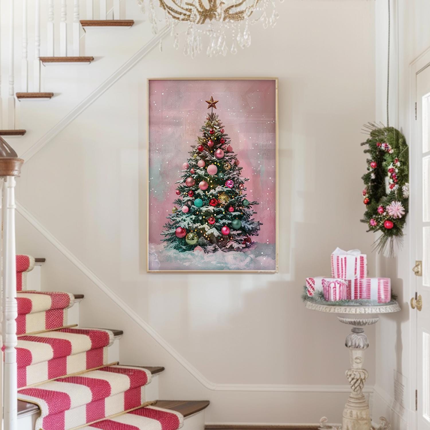 Preppy Pink Christmas Tree Print, Colorful Art Merry X-mas, Festival ...