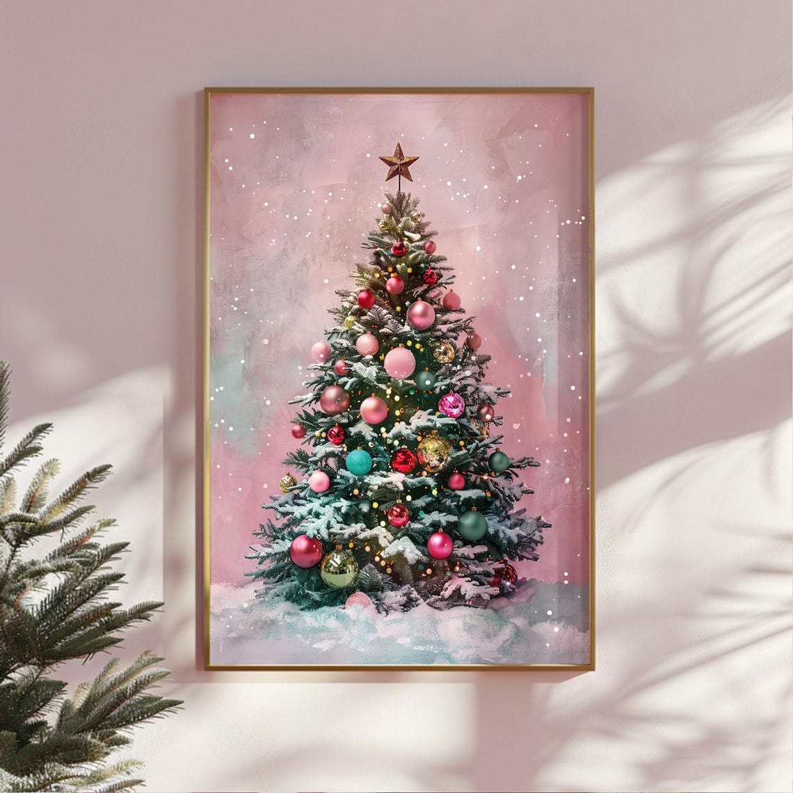 Preppy Pink Christmas Tree Print, Colorful Art Merry X-mas, Festival ...