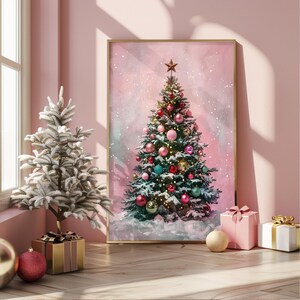 Preppy Pink Christmas Tree Print, Colorful Art Merry X-mas, Festival ...