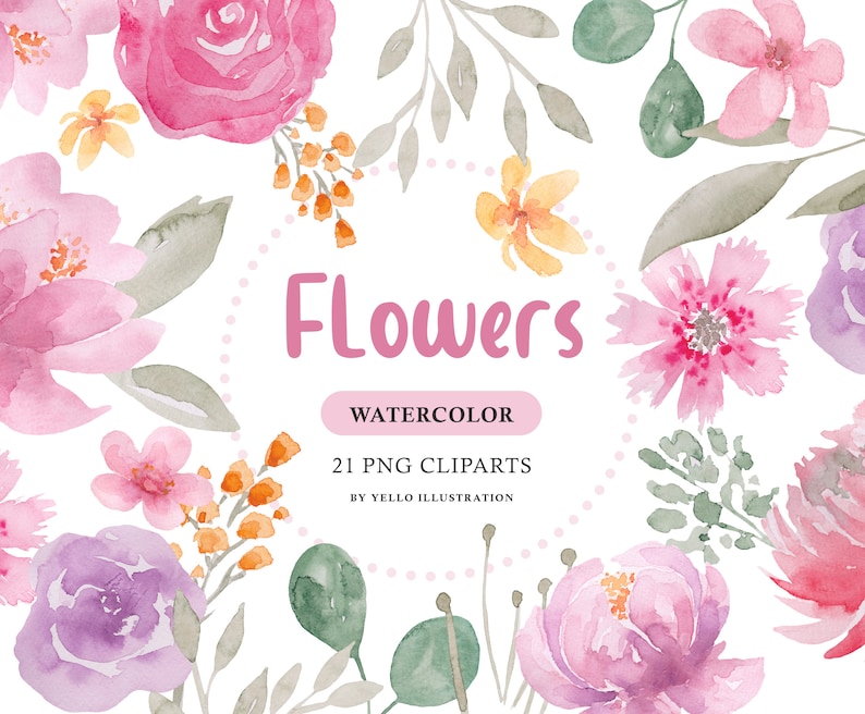 Watercolor Delicate Flower Elements Clipart, PNG Files for DIY Wedding ...