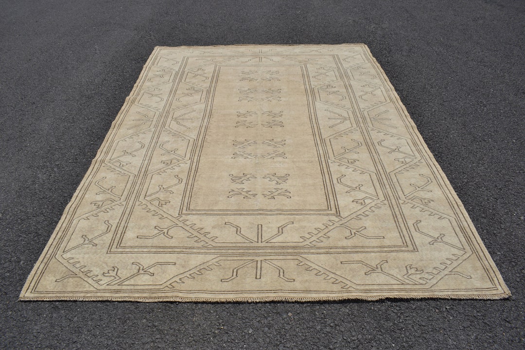 7x9 Vintage Rug, Soft Hand Made Wool Rug, Sand Color Square Rug, 7x9 ...