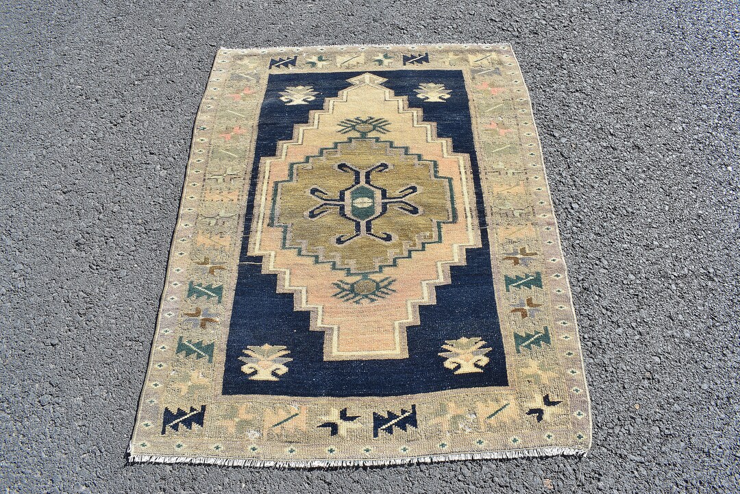 3x4 Vintage Rug, Small 3x4 Navy Rug, Hand Made Soft Rug, Antique Decor ...