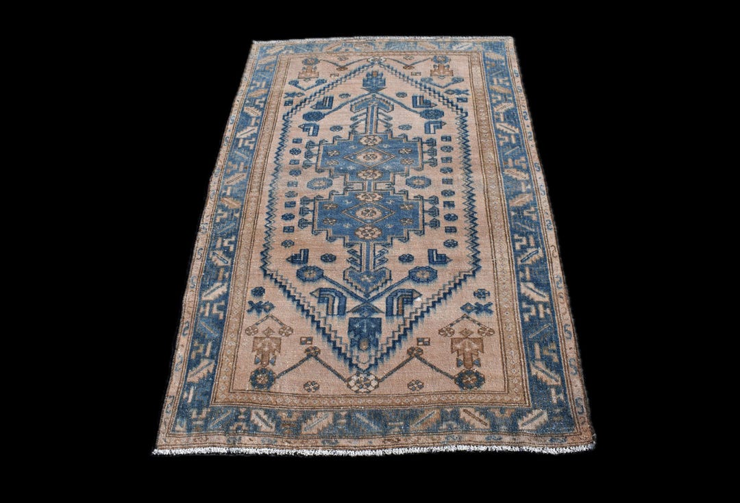 4x7 Vintage Antique Blue Beige Wool Rug, Hand Made Soft Rug, Oushak 4x7 ...