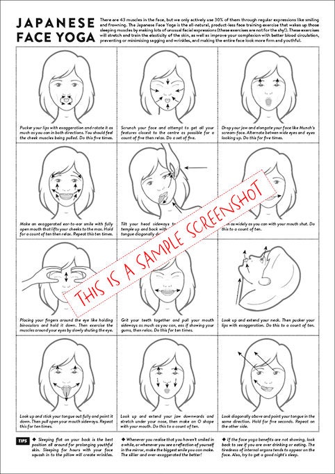 Japanese Face Yoga - Facial Exercise Direction Guide Chart Poster ...