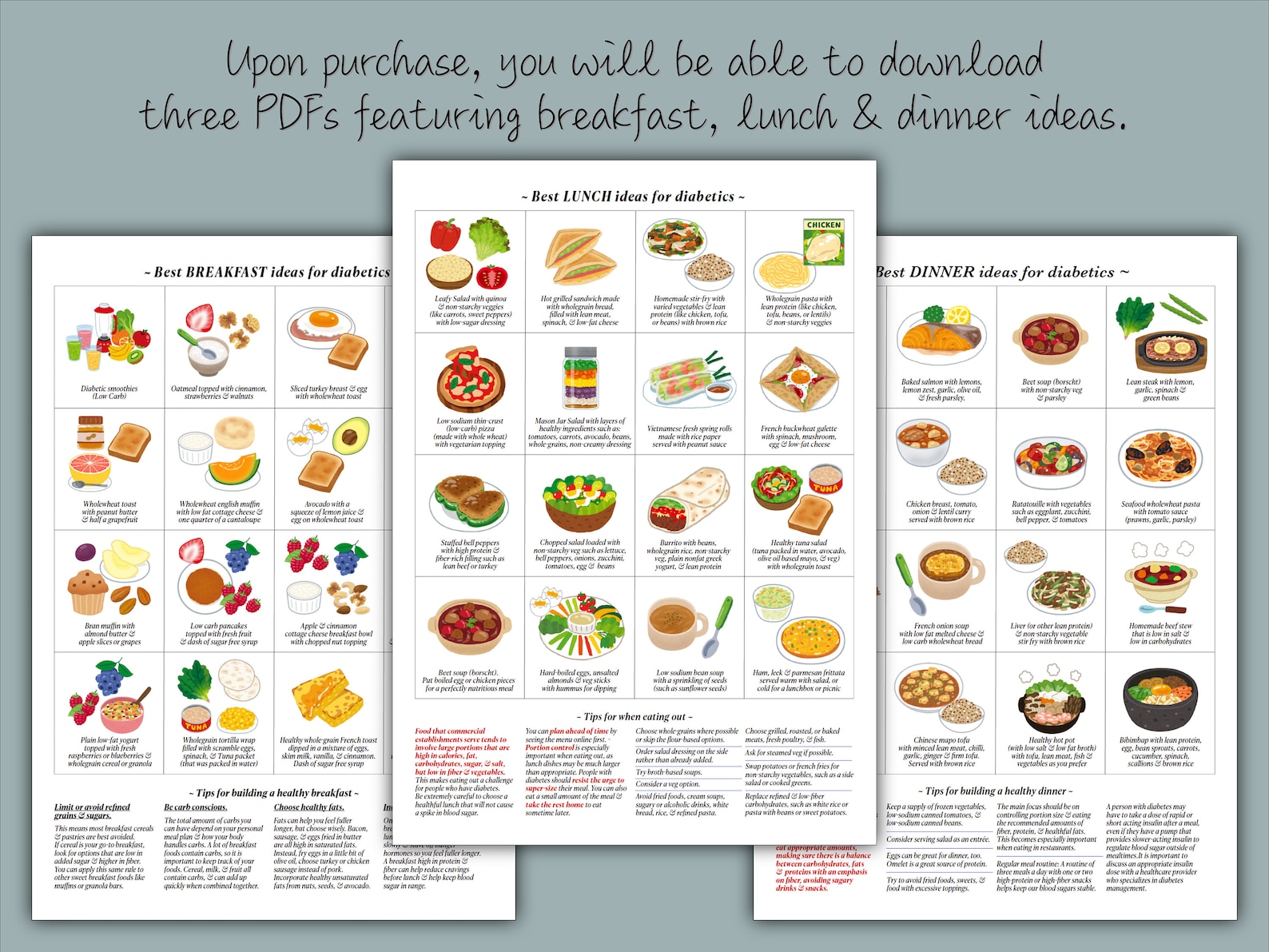 Diabetes Meal Ideas for Breakfast, Lunch & Dinner (3 Page Pdf PRINTABLE ...