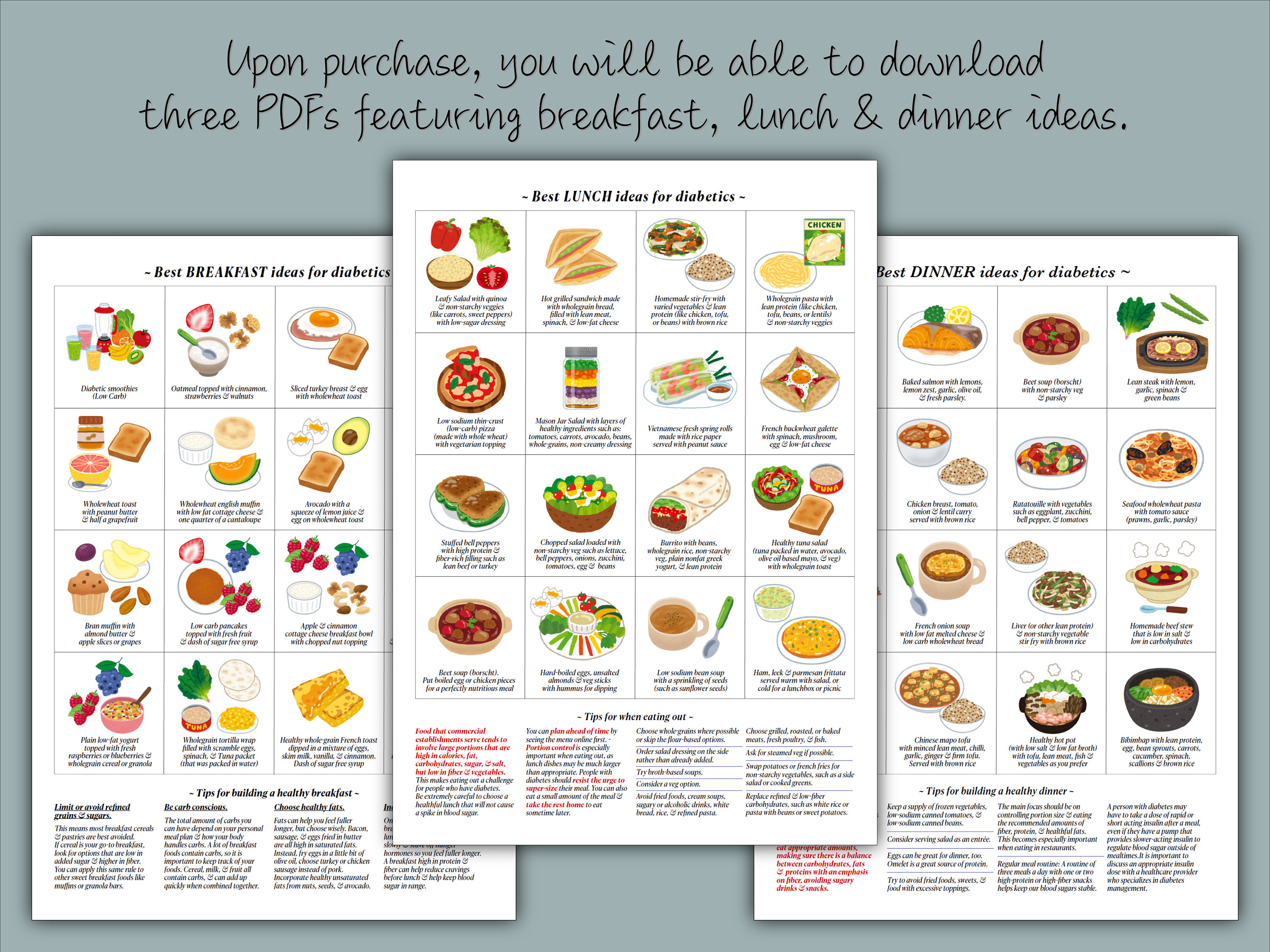 Diabetes Meal Ideas for Breakfast Lunch & Dinner/ 3 Pdf - Etsy
