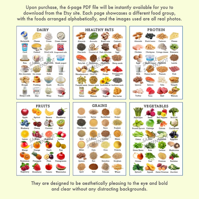 Food Groups Posters/ Set of 6 Pages. PRINTABLE PDF DOWNLOAD ...