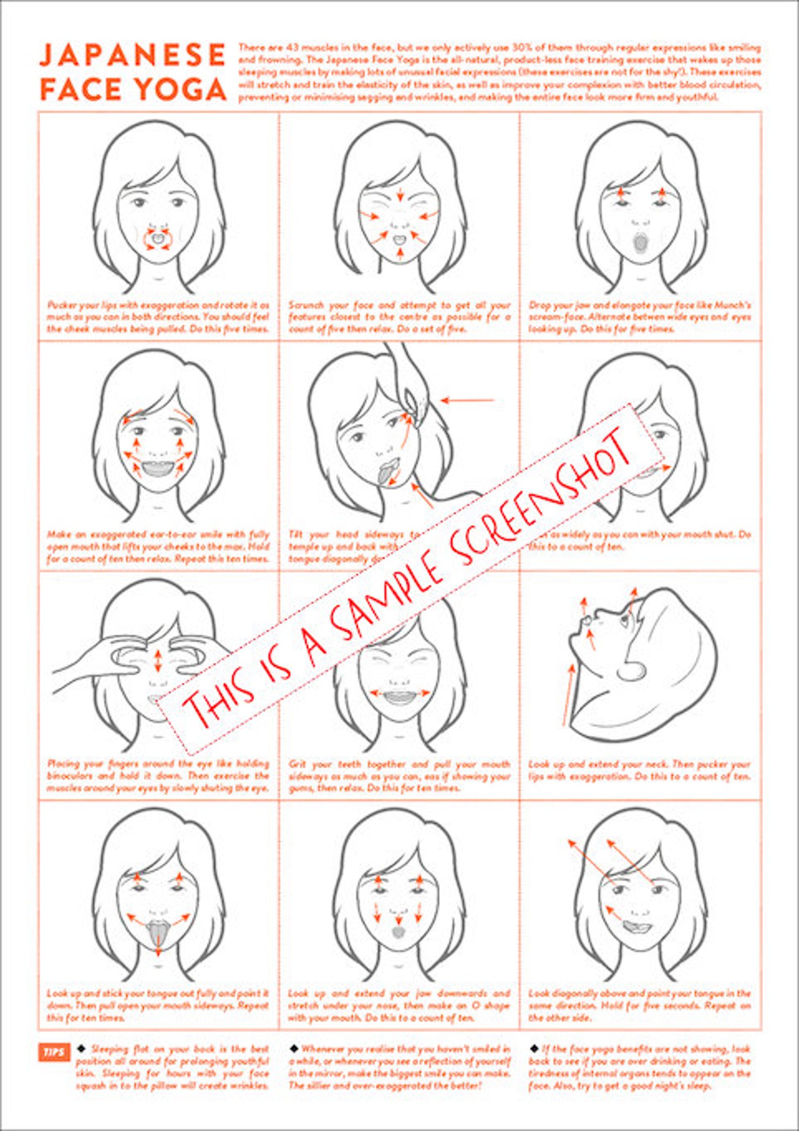 Japanese Face Yoga - Facial Exercise Direction Guide Chart Poster ...
