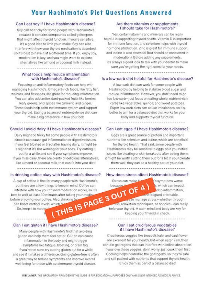 Hashimoto's Diet Food Guide (4-page PDF Digital Download) Thyroid Support, Patient Education ...