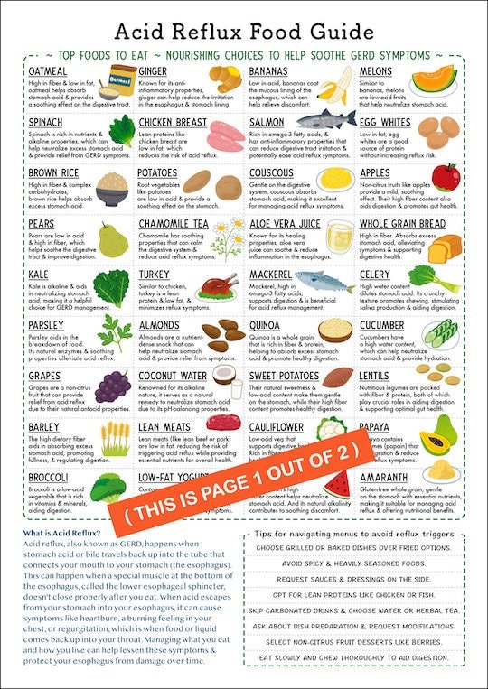 Acid Reflux Food Guide, GERD, 2-page Pdf, PRINTABLE DOWNLOAD, Heartburn ...
