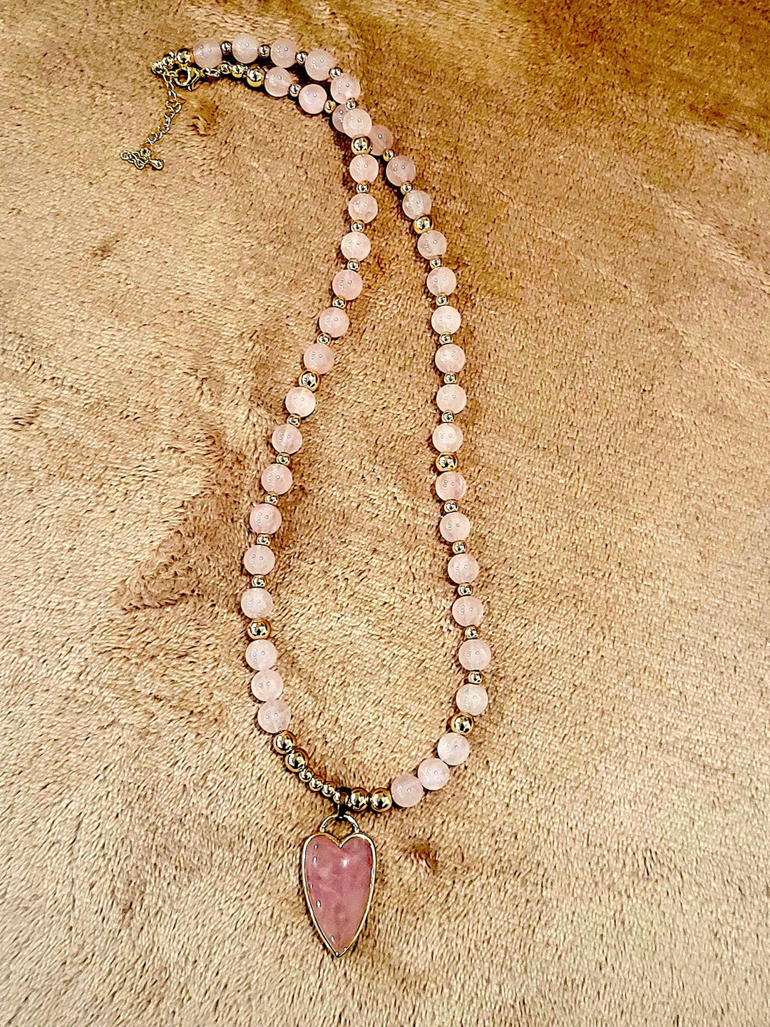 Rose Quartz Heart Necklace: Peach Crystal Beaded Gemstone, Adjustable ...