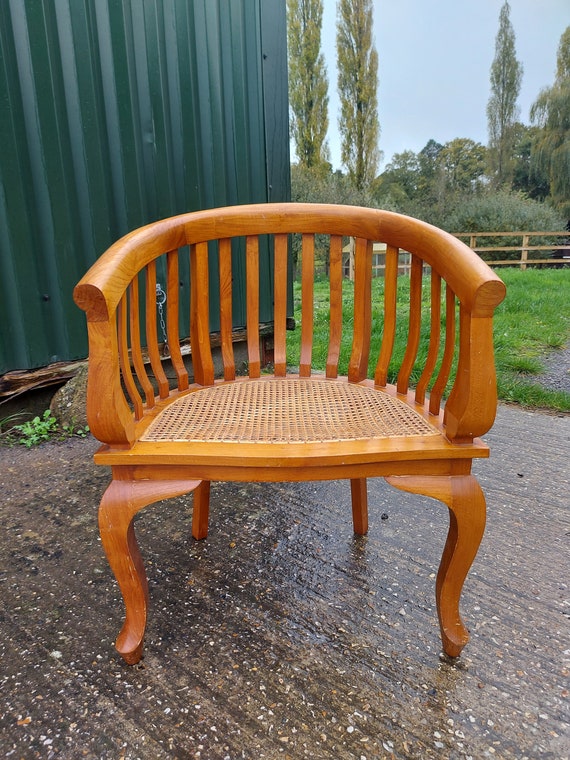 Armchair tub chair oak barrel back rattan seat vintage
