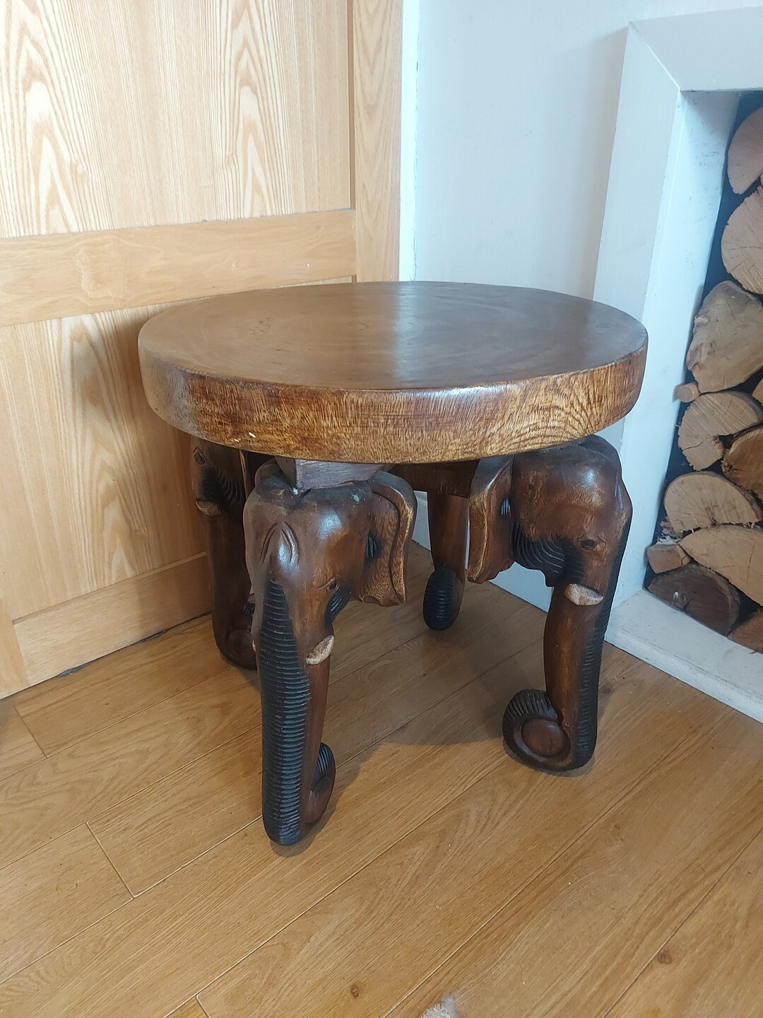 Table Round Wood Coffee Side Occasional Dining Base Carved Elephant ...