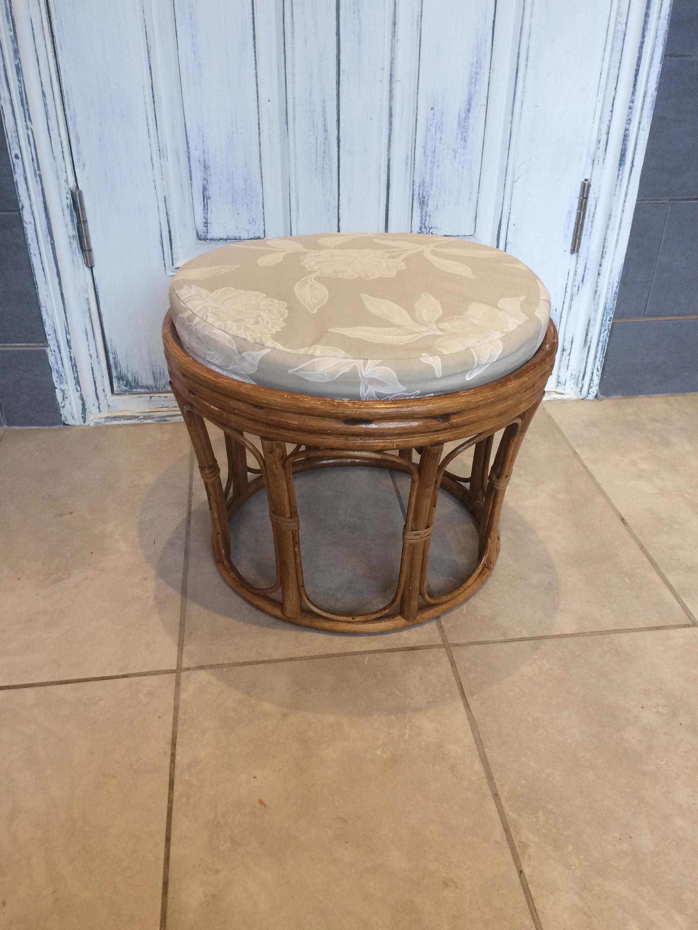 Stool Round Bamboo Upholstered Retro Vintage Bohemian - Etsy UK