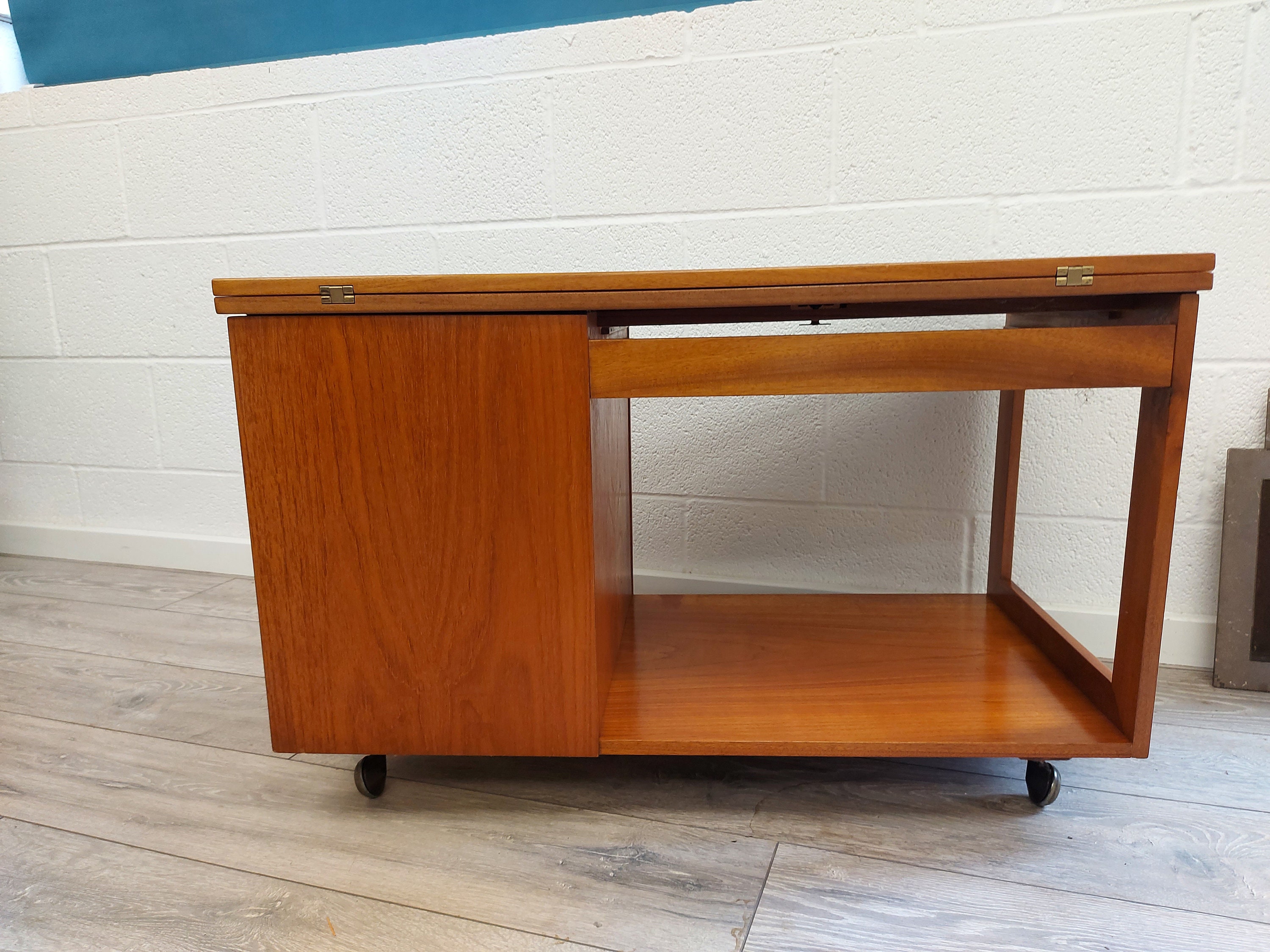 Table Teak Extending Top Integral Cabinet Drop Down Door Shelf - Etsy
