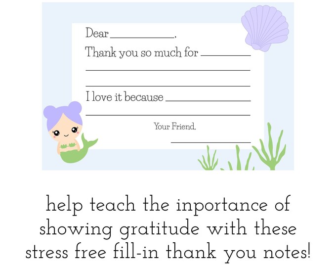 Children's Thank You Note Fill-in the Blank Mermaid Theme Purple Hair ...