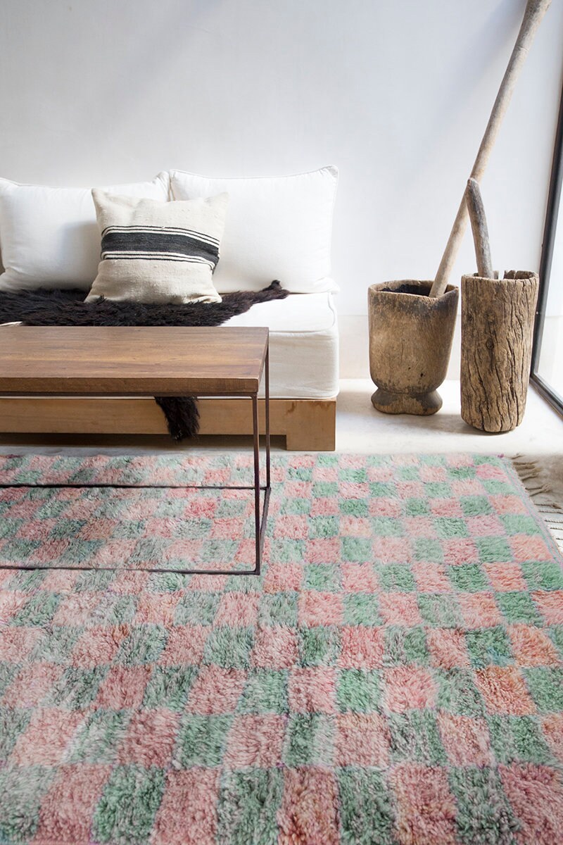 Coral and Sage Made-to-order Checkered Moroccan Wool Area Rug Available ...
