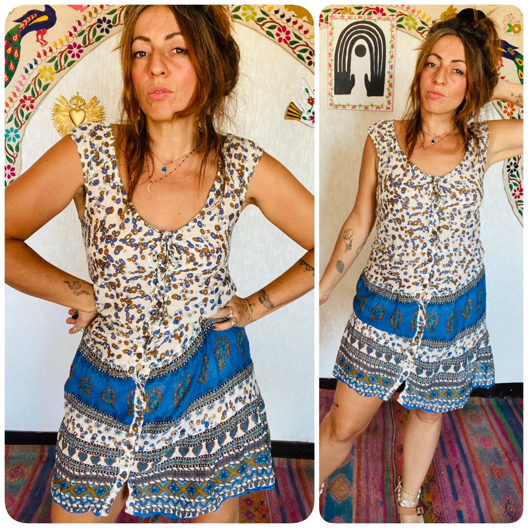 Vintage Indian Gauzy Mini Dress / Hand Block Printed // Indian Dress in ...