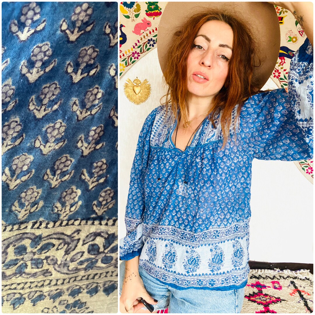 Vintage 70's Block Printed Blouse / Indian Gauze Blouse Paisley and ...