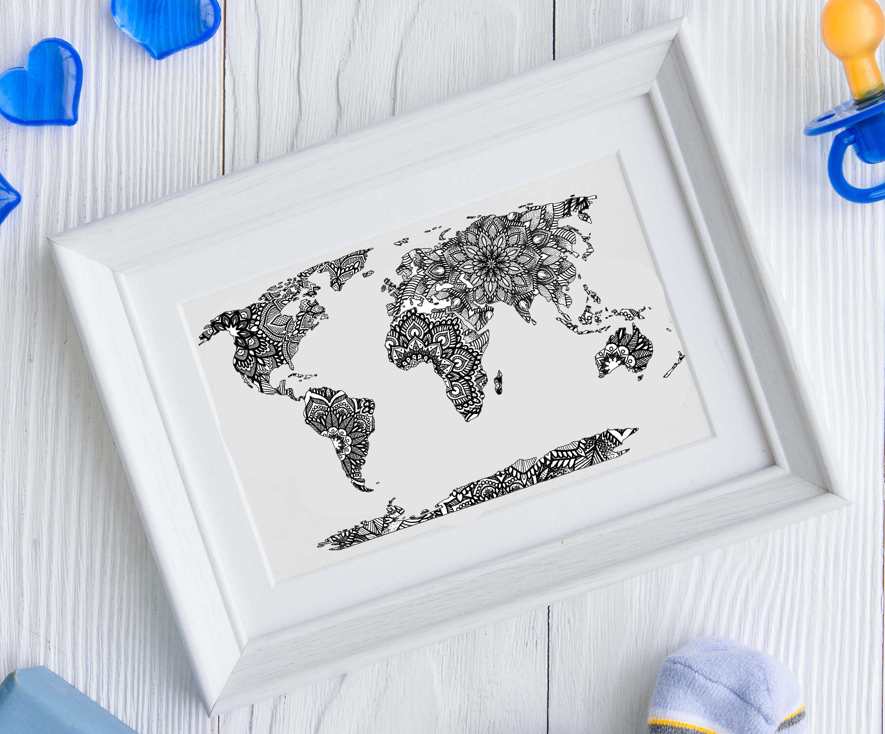 World Map Mandala Print Wall Art Minimalist Travel Black and | Etsy