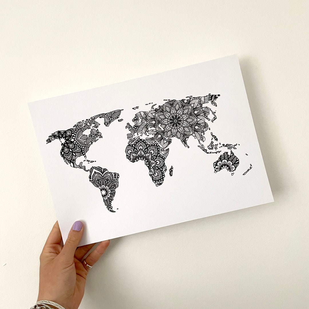 World Map Mandala Print Wall Art, Minimalist Travel Black and White ...