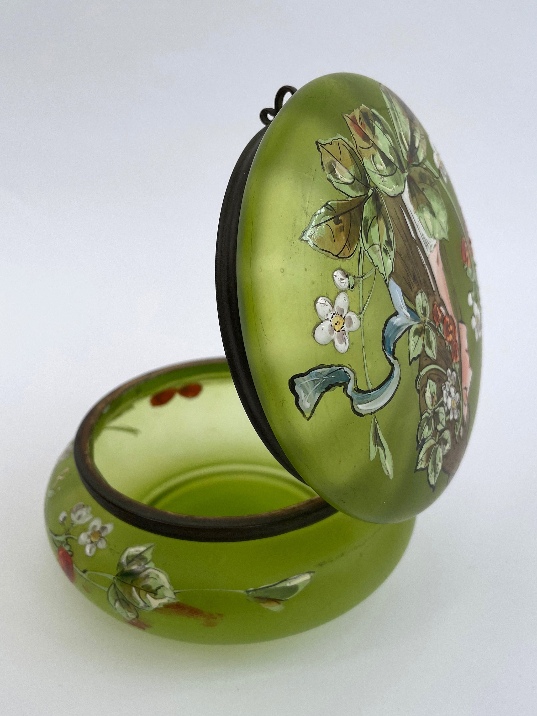 Art Nouveau glass powder bowl with maiden antique | Etsy