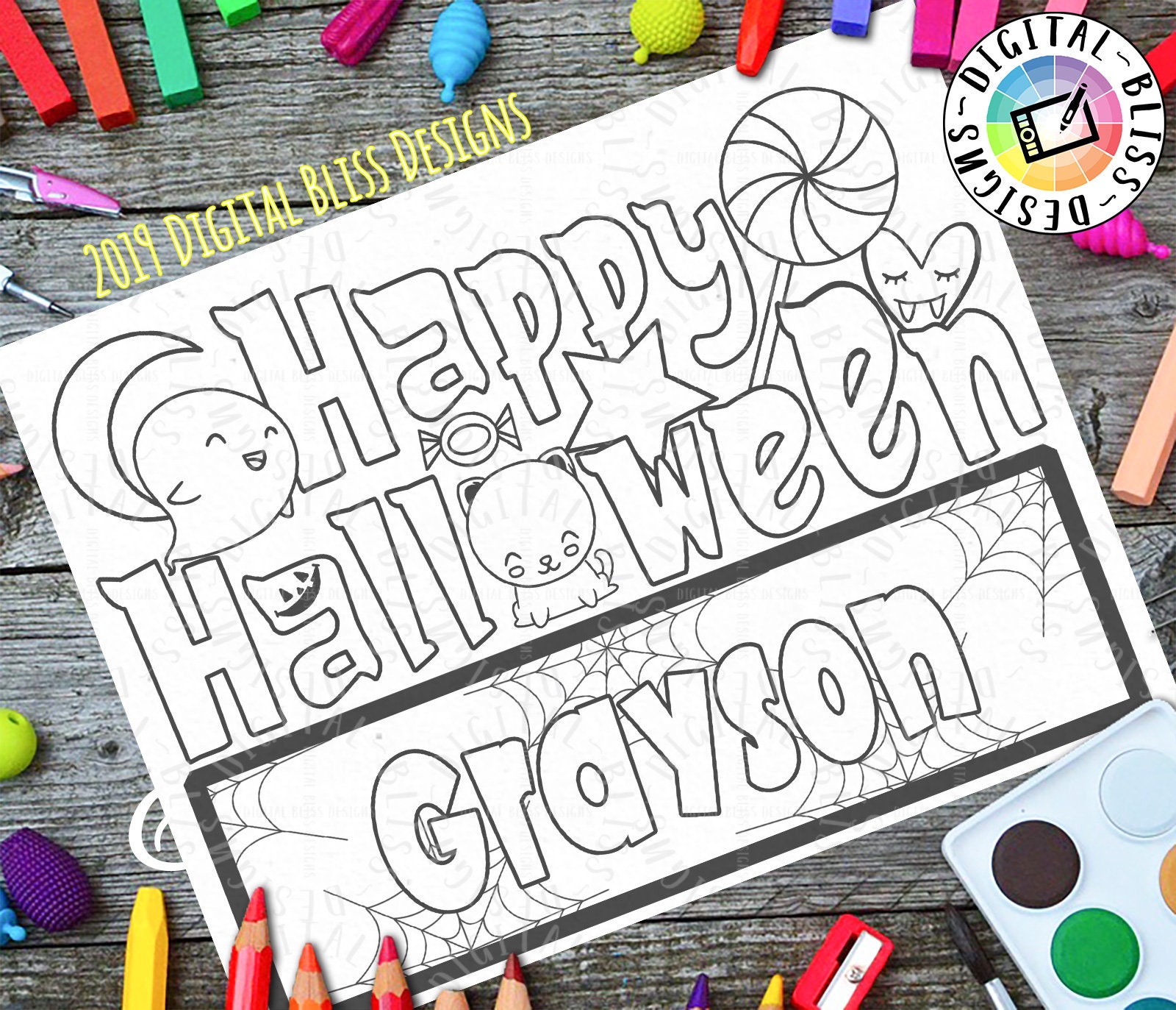 Printable Coloring Page Happy Halloween Custom Name Custom - Etsy