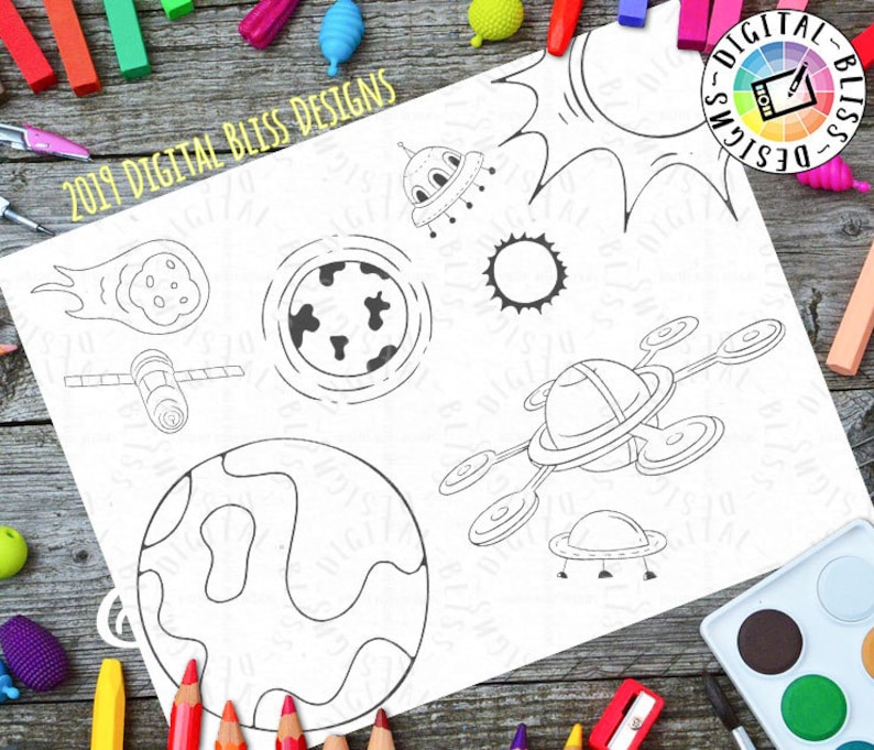 Printable Coloring Page, Outer Space Planets Spaceships, Kids Printable ...