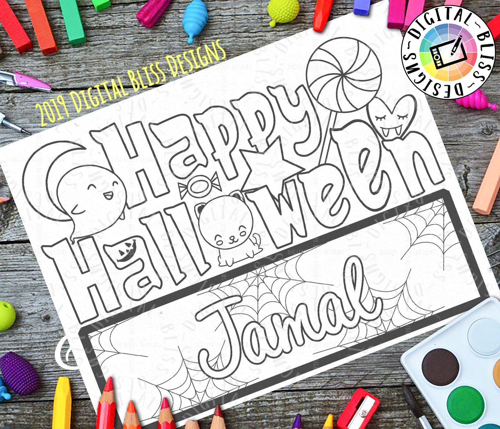 Printable Coloring Page Happy Halloween Custom Name Custom - Etsy